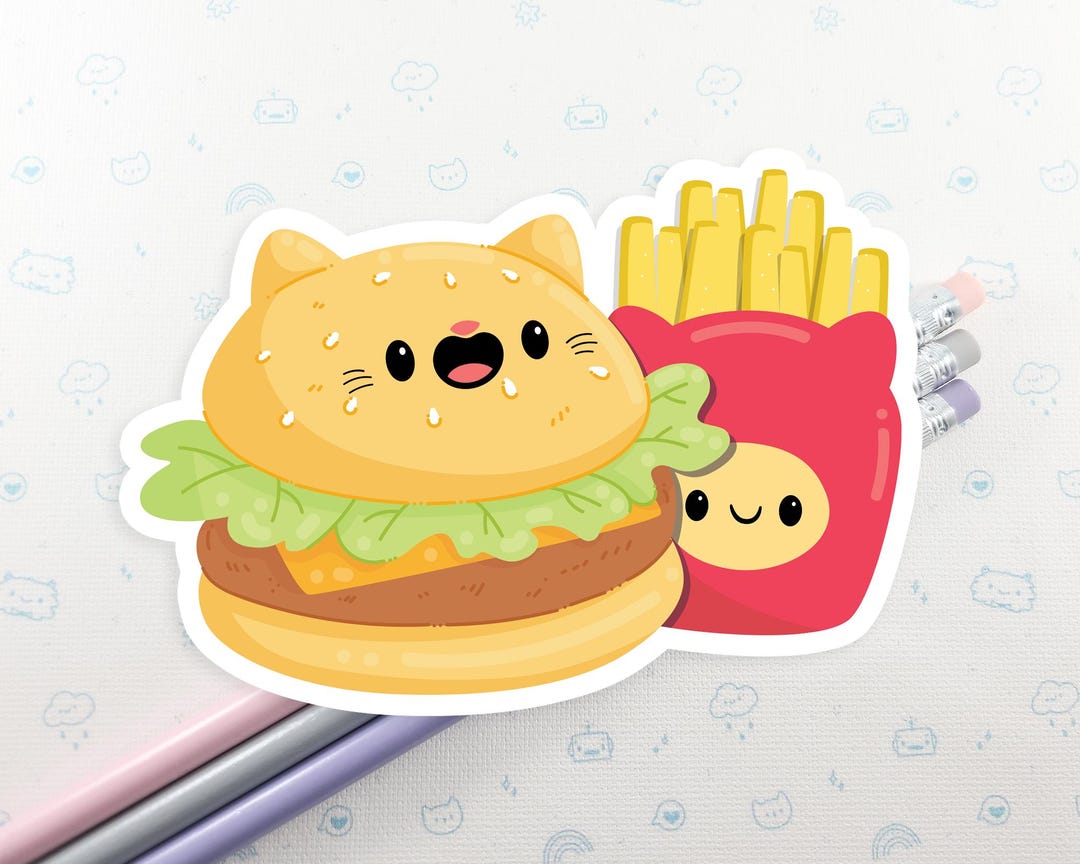 Cat Burger and Fries Sticker, Fast Food Decal, Laptop Burger Sticker ...