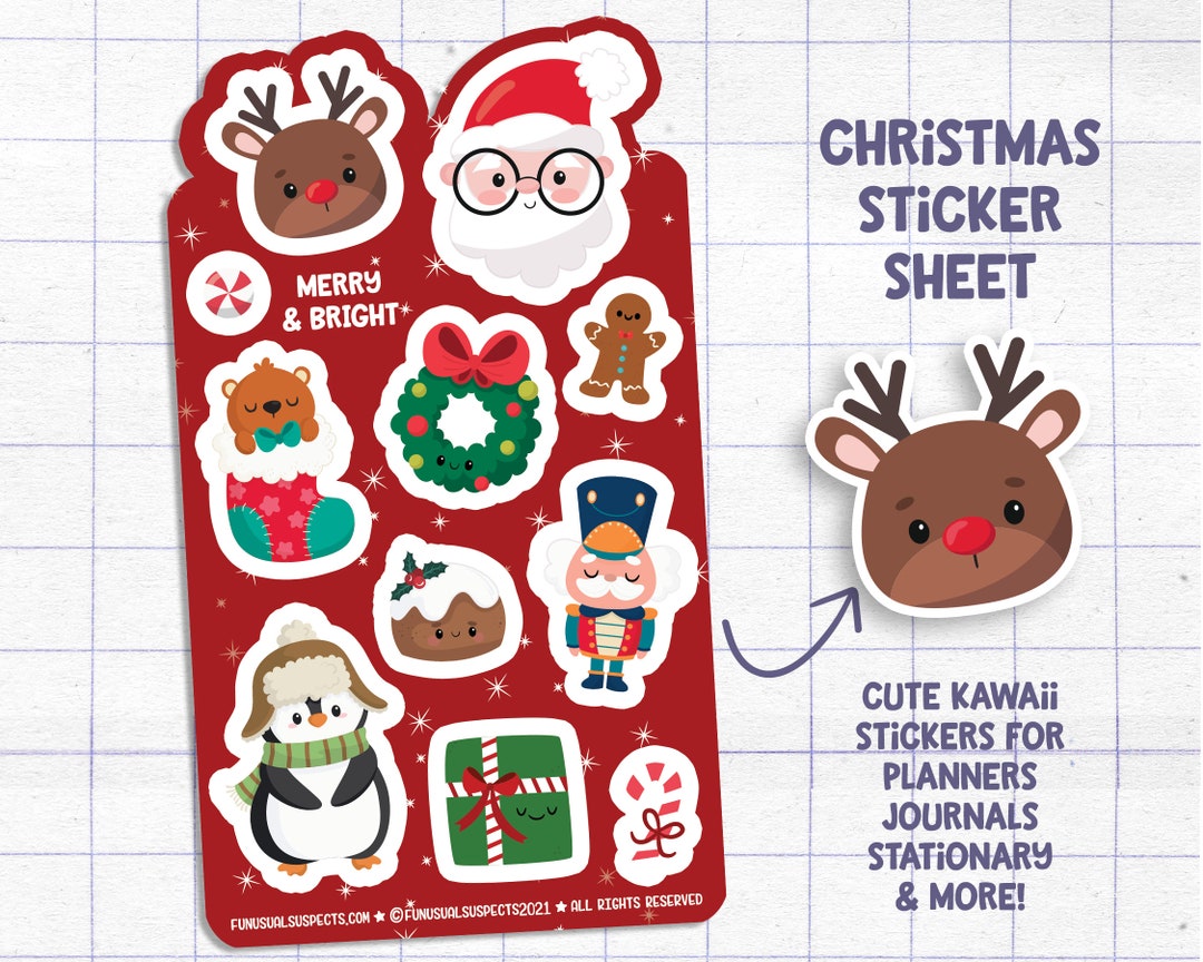 Christmas Sticker Sheet, Merry and Bright, Christmas Stickers, Stickers ...