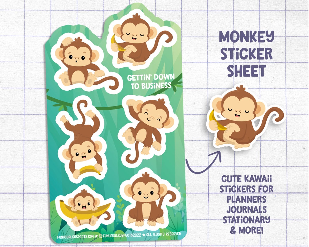 Monkey Sticker Sheet, Monkey Business, Cute Monkey Stickers, Kawaii ...