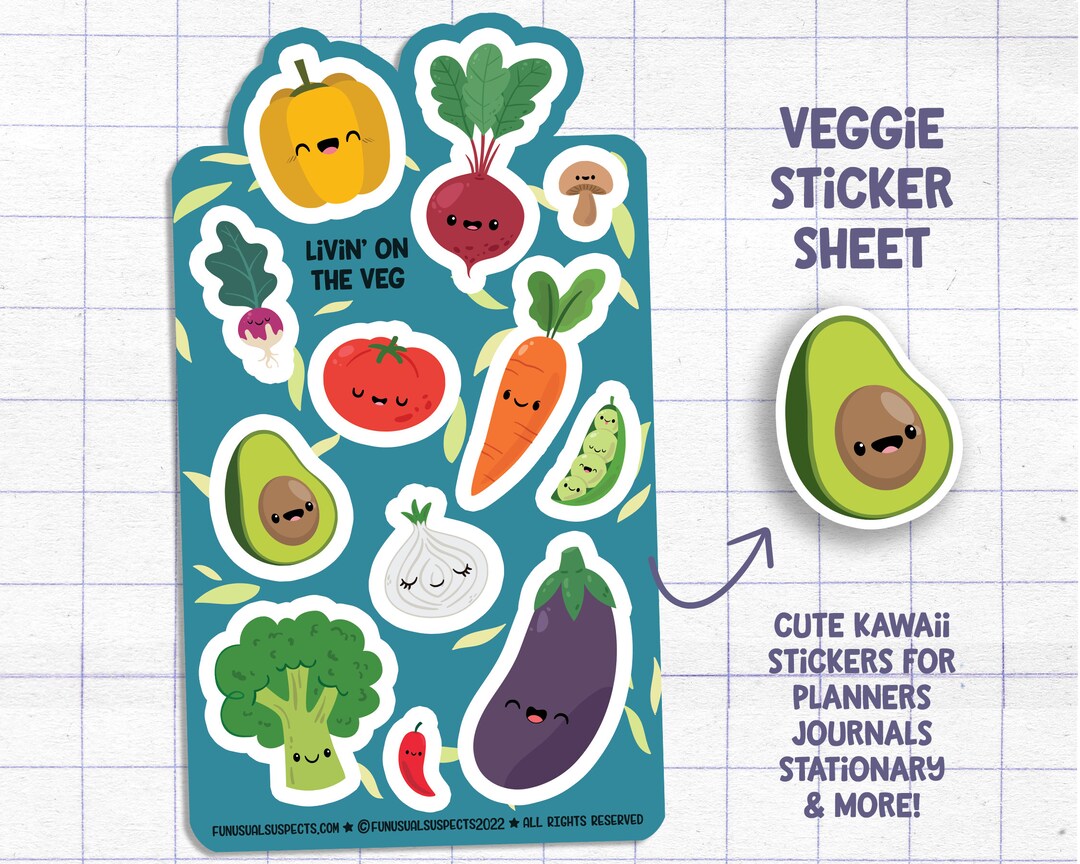Veggie Sticker Sheet, Livin' on the Veg, Cute Vegetable Stickers ...