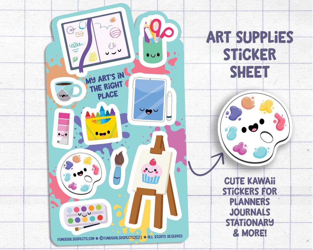 Art Supplies Sticker Sheet, My Art's in the Right Place, Cute Art ...