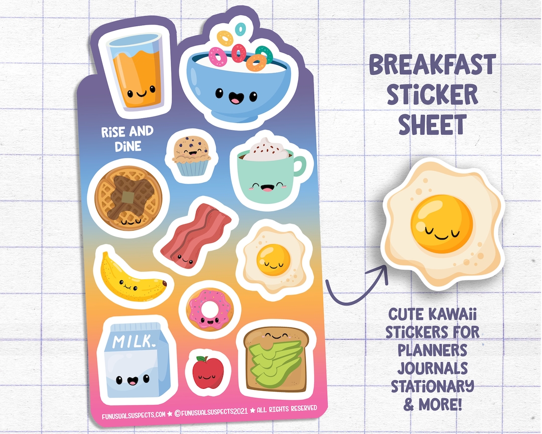 Breakfast Foods Sticker Sheet, Rise and Dine, Cute Breakfast Stickers ...