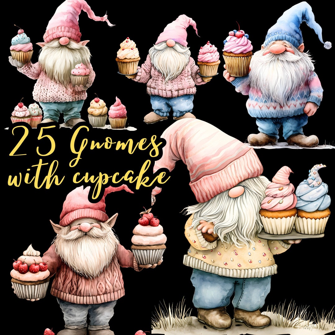 Watercolor Gnome Cupcake 25 Png Transparent Background Clipart Bundle ...