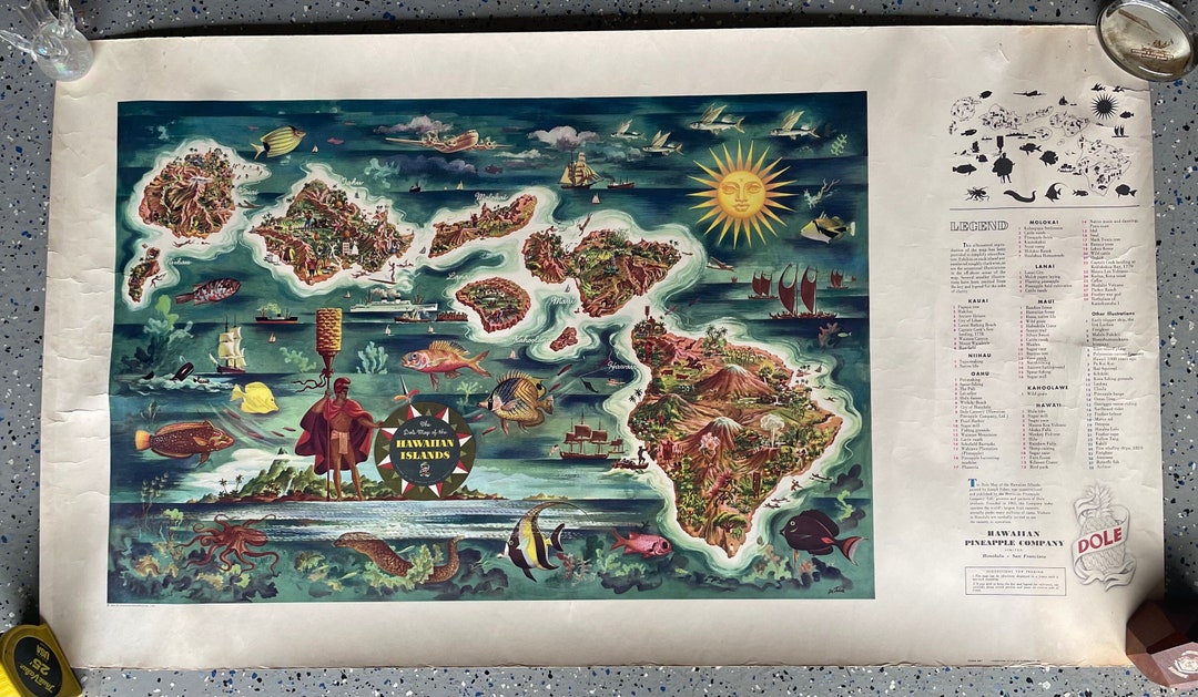 Vintage Original HAWAIIAN ISLANDS DOLE Map Feher 1950 - Etsy