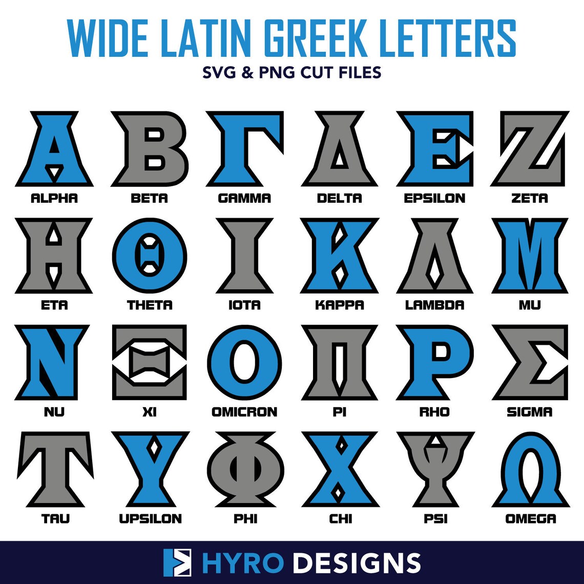 Wide Latin Greek Digital Alphabet Instant Download PNG & SVG | Etsy