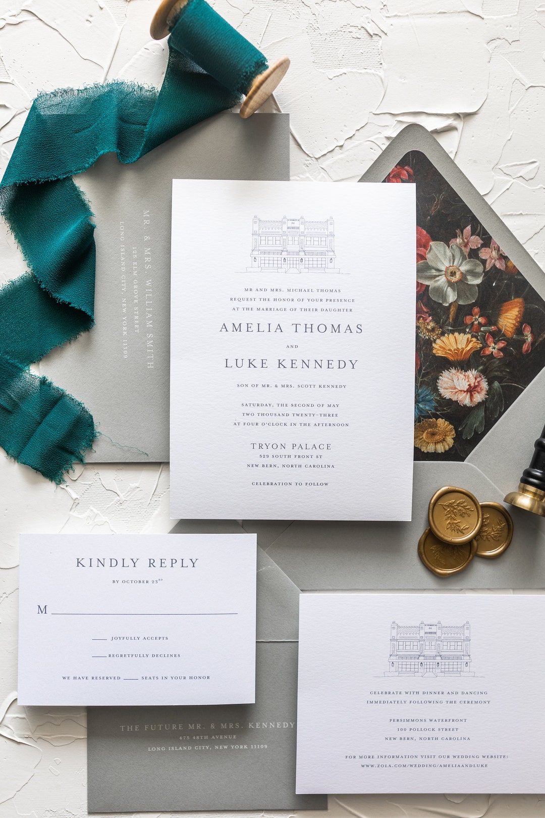AMELIA | Custom Venue Illustration 3 Piece Wedding Invitations, Elegant ...