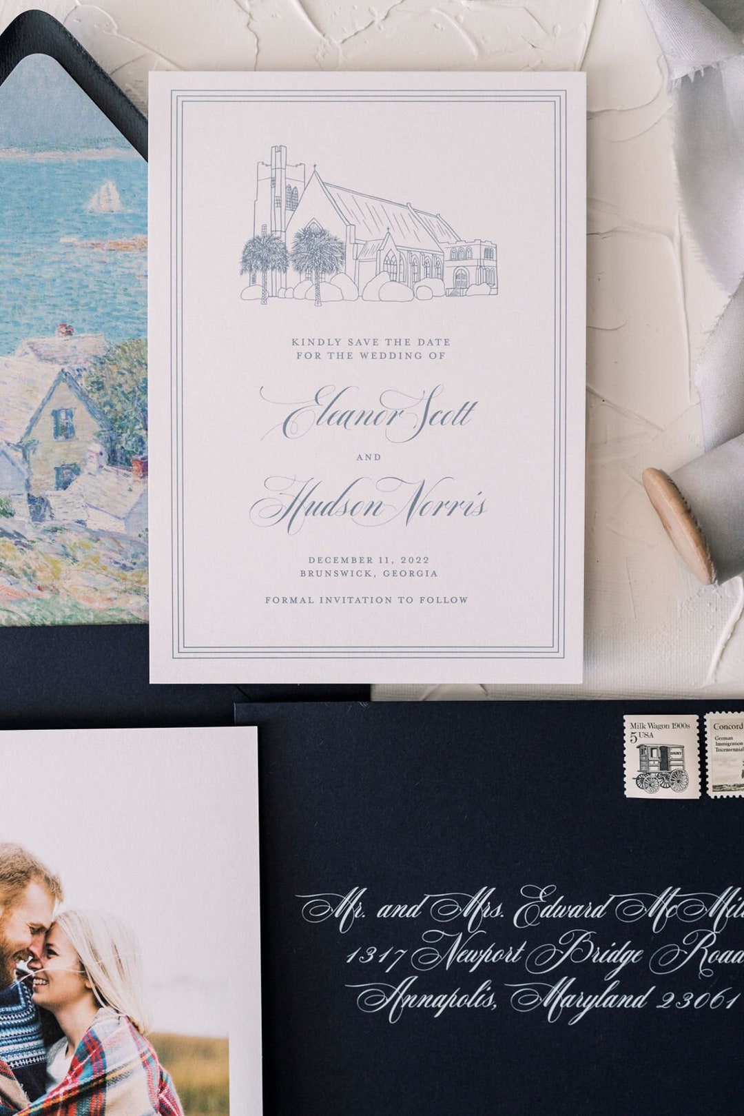 ELEANOR | Simple Calligraphy Venue Illustration Save the Date With ...