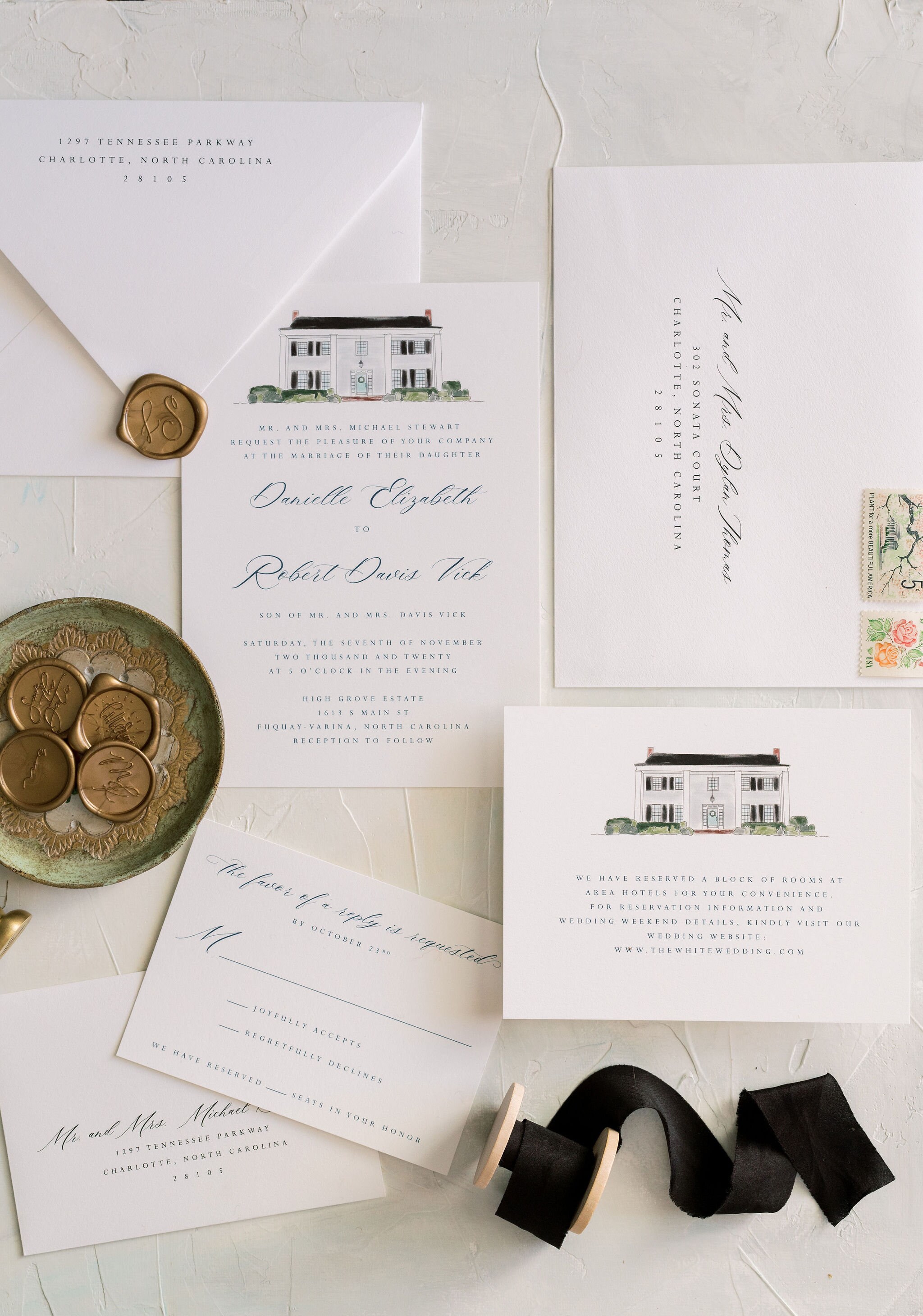 PRINTED Custom Venue Illustration 5 Piece Wedding Invitations Elegant ...