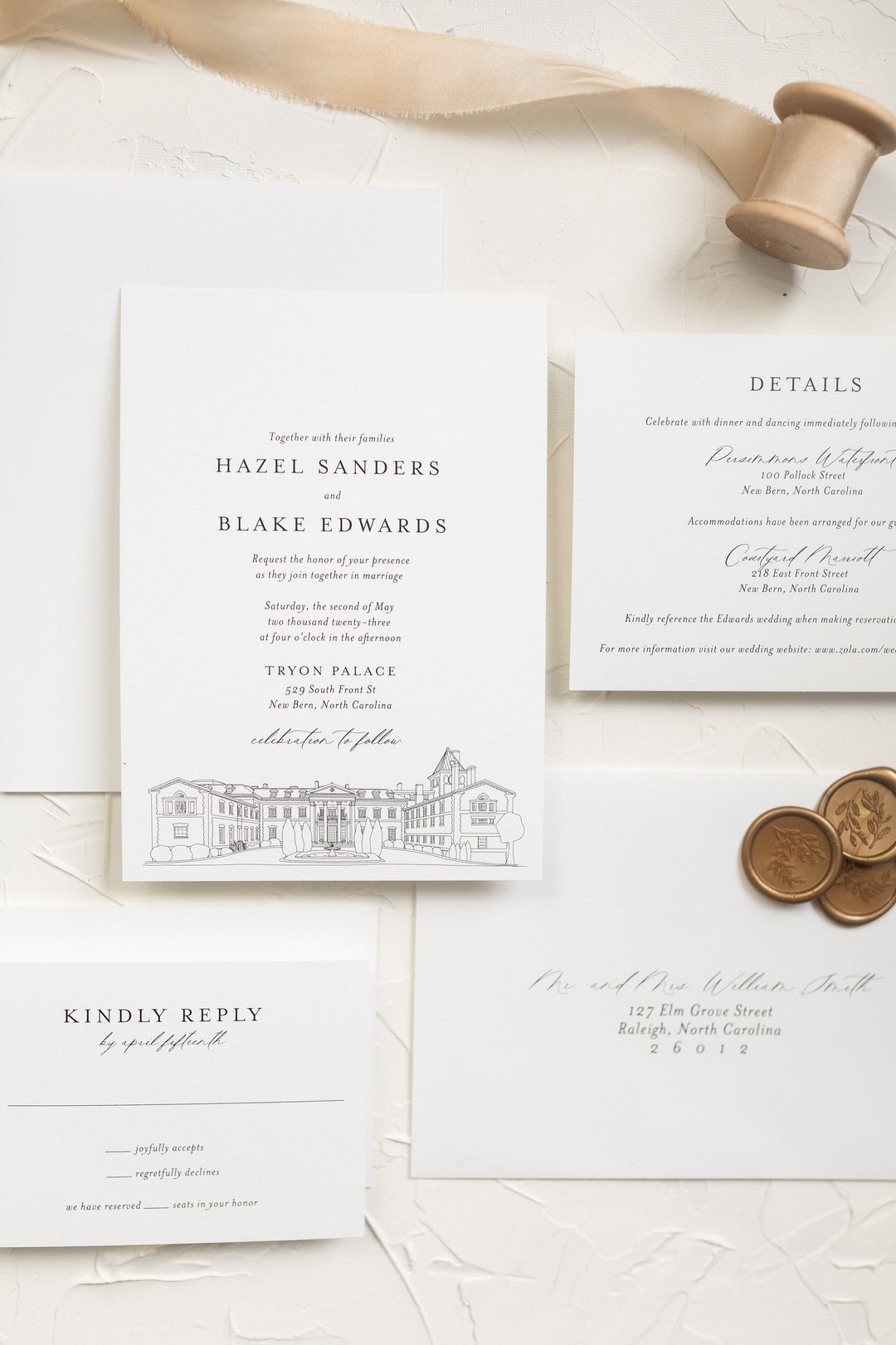 HAZEL | Custom Venue Illustration 3 Piece Wedding Invitations, Elegant ...