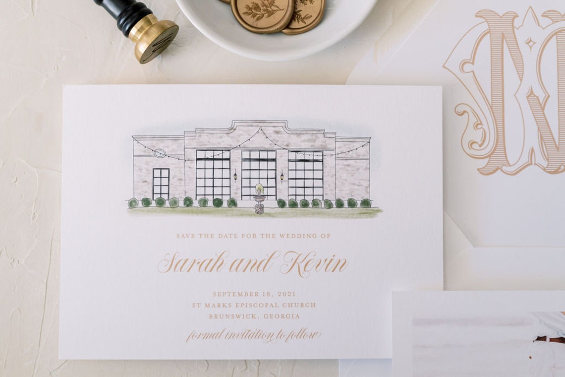 SARAH | Simple Calligraphy Venue Illustration Save the Date With Photo ...