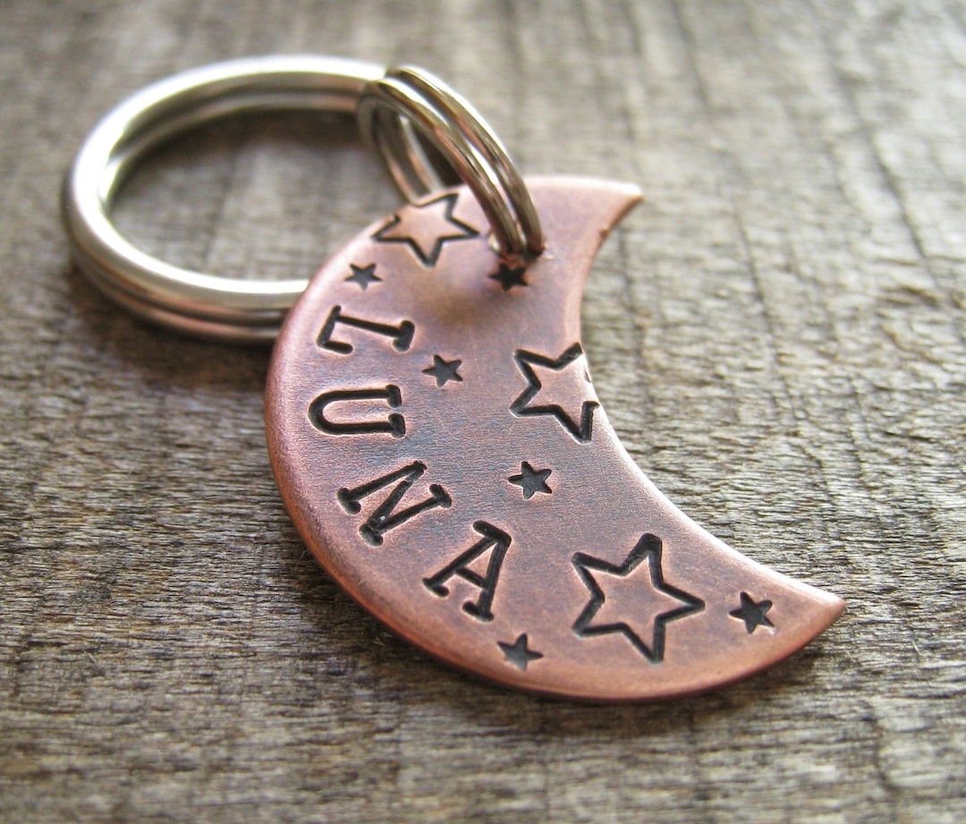 Mini Moon Dog Tag - Small Pet Tag - Personalized Pet Tag - Hand Stamped ...