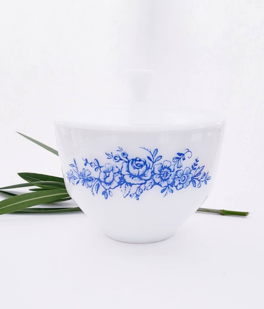 Vintage Milk Glass Bowl With Lid Blue Floral Design/vintage White and ...