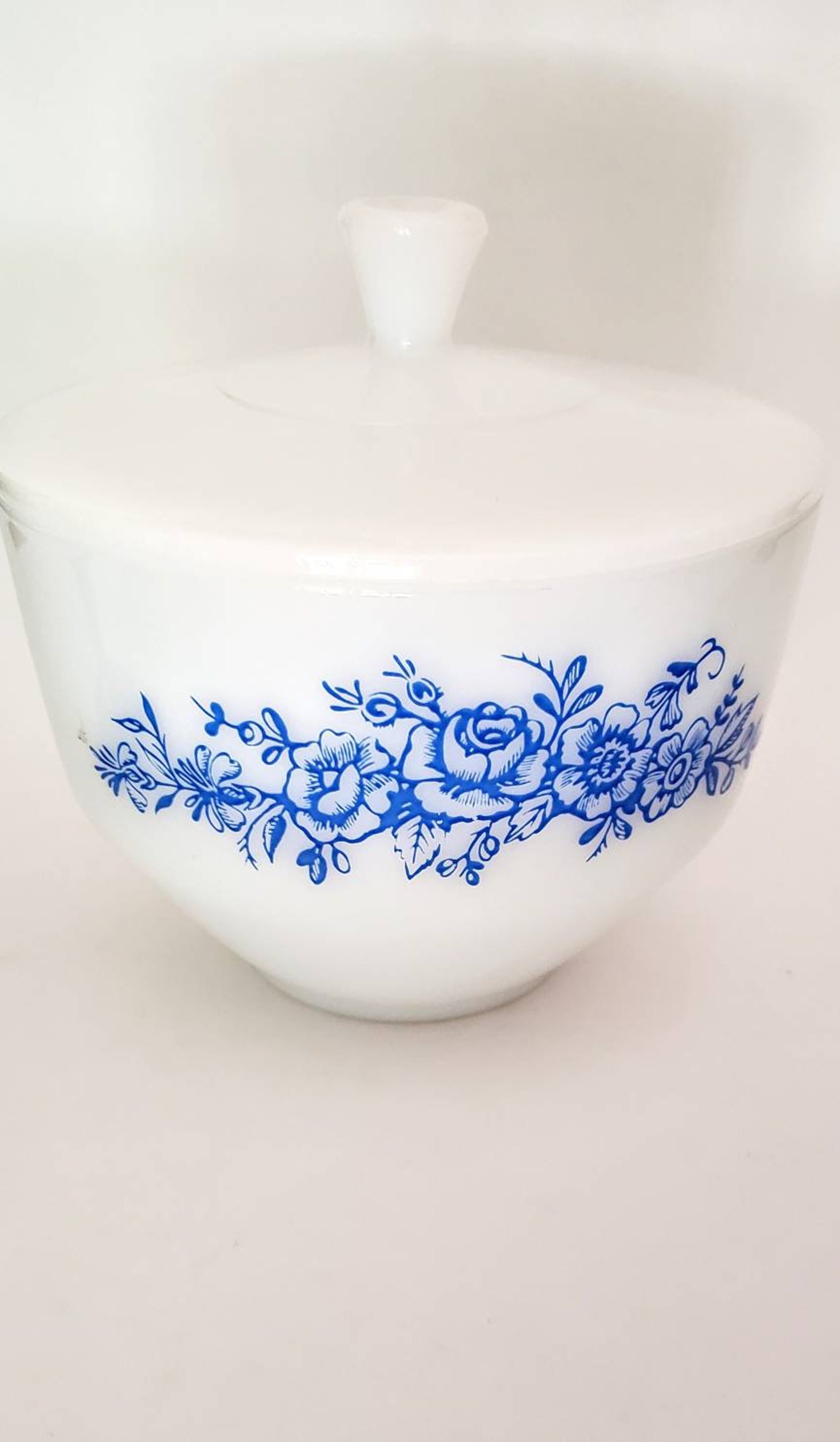 Vintage Milk Glass Bowl With Lid Blue Floral Design/vintage | Etsy