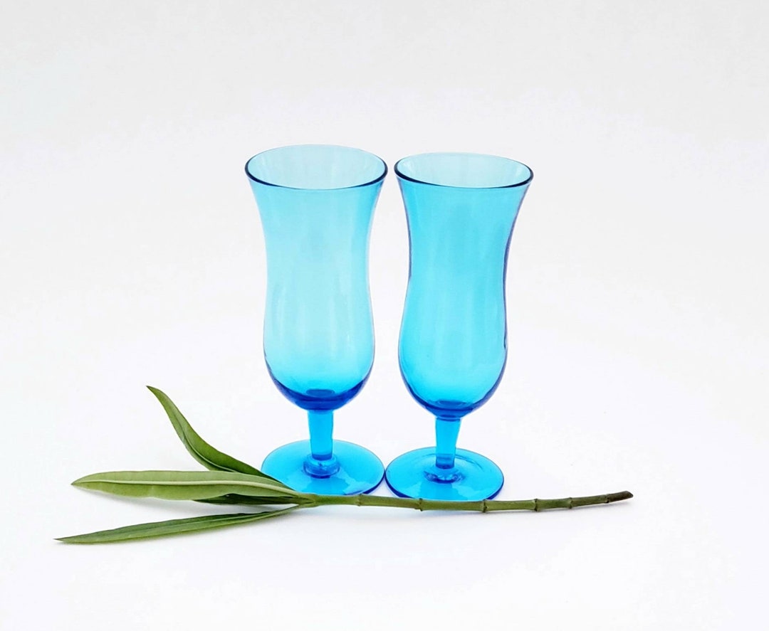 Vintage Aqua Turquoise Goblets Hurricane Champagne Flutes Juice Glasses Footed Base Set Of Two