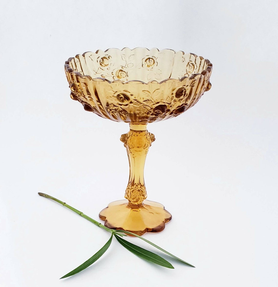 Vintage Fenton Amber Glass Compote Cabbage Rose Pattern - Etsy