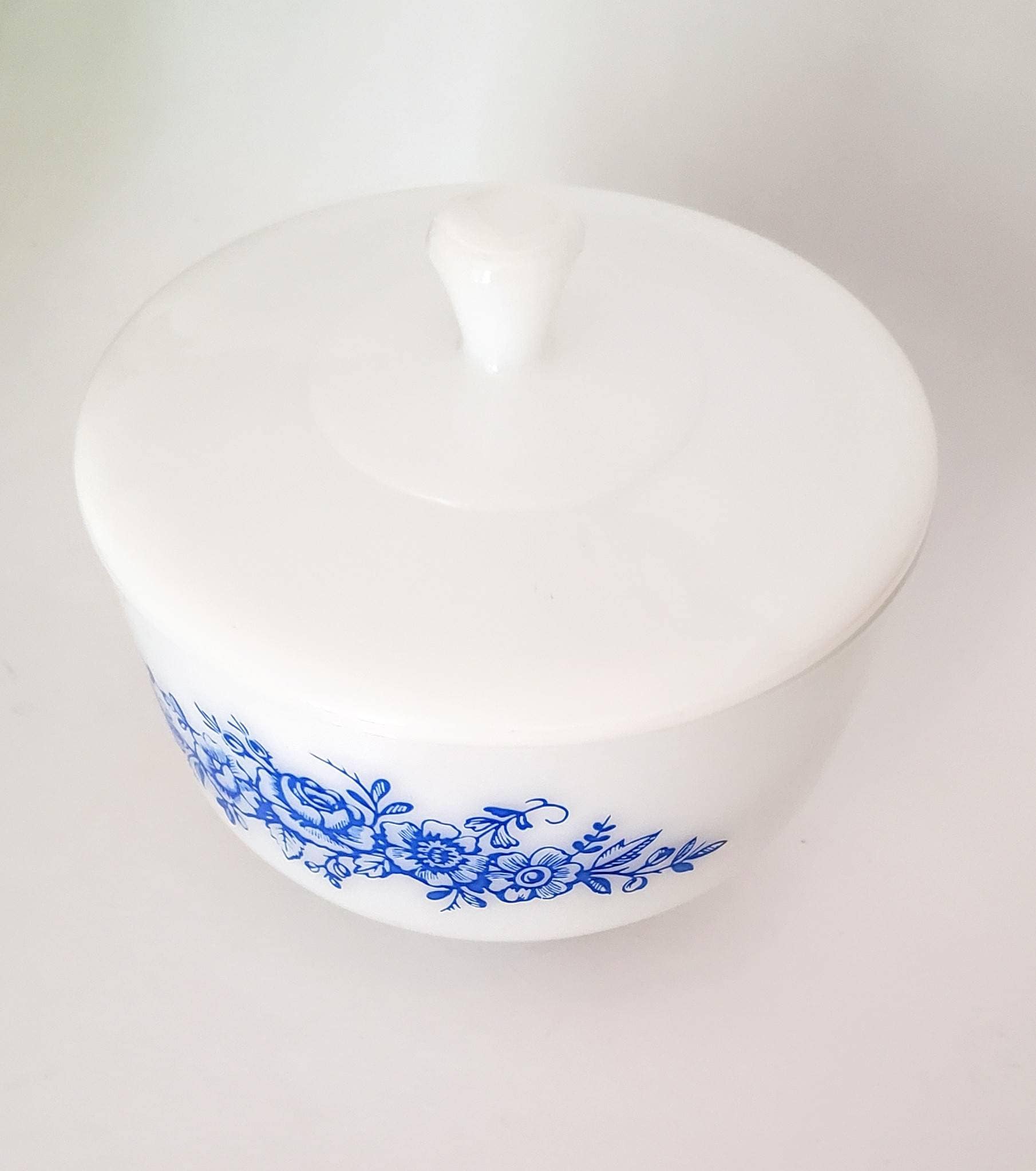 Vintage Milk Glass Bowl with Lid Blue Floral Design/Vintage | Etsy