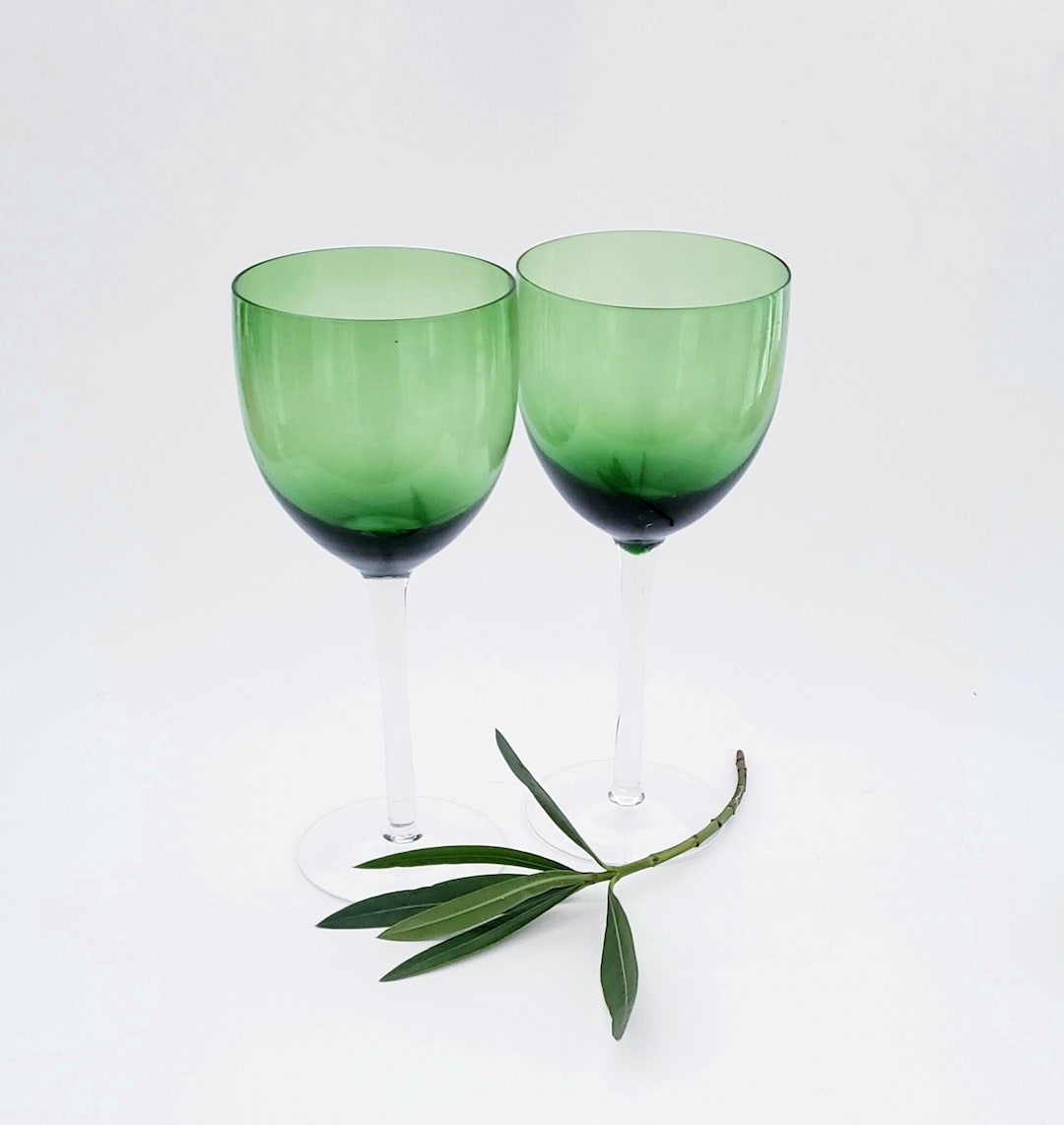 Vintage Emerald Green Wine Glasses With Clear Stem Set of Two/vintage Barware Green Set of Two ...