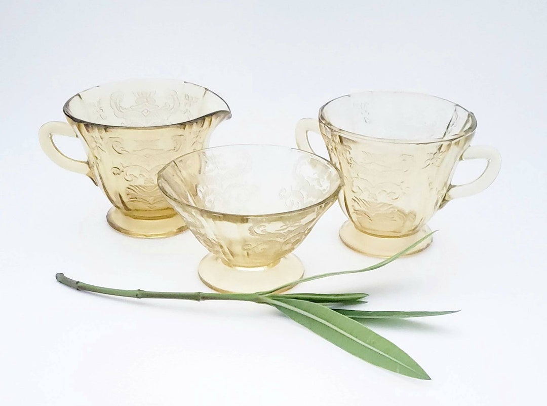 Yellow Amber Depression Glass Madrid Pattern Set of Three Sugar Creamer ...