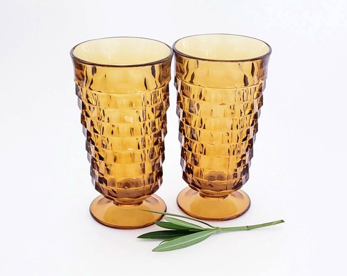 Vintage Amber Glass Water Goblets Whitehall Pattern Set of Two Indiana ...