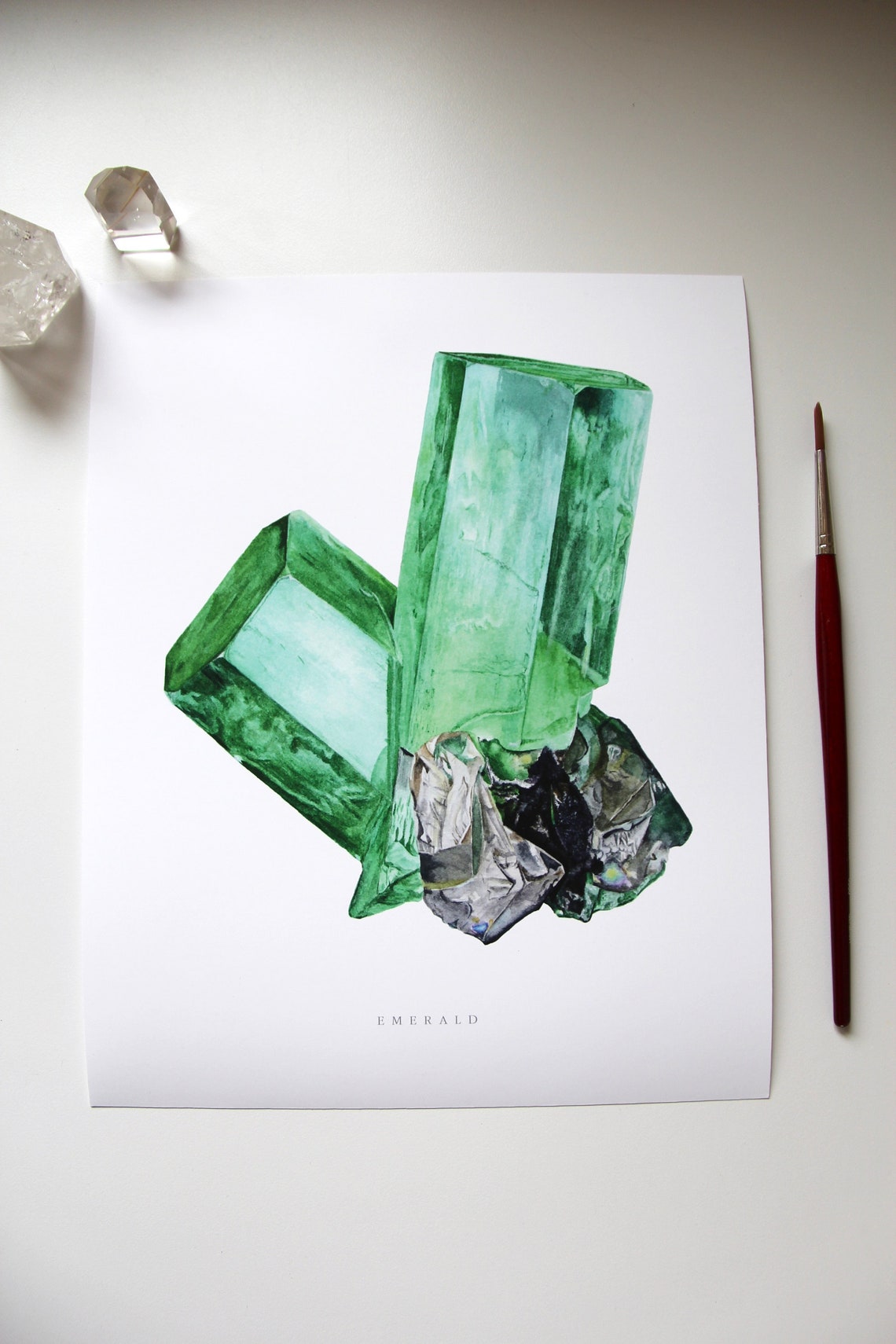 Geology Print- Emerald Beryl Specimen Watercolor Painting, Crystal ...