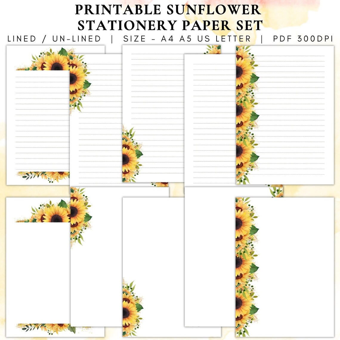 Printable Sunflower Stationery Paper Set,lined Blank Paper Pdf,download Sunflower Stationery Set ...