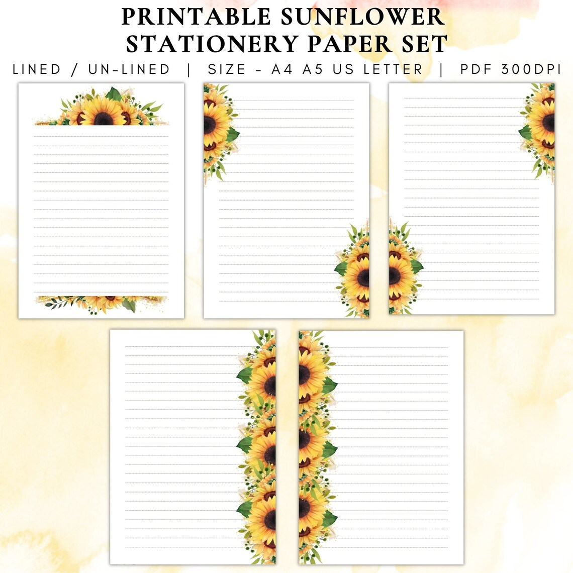 Printable Sunflower Stationery Paper Set,lined Blank Paper Pdf,download ...