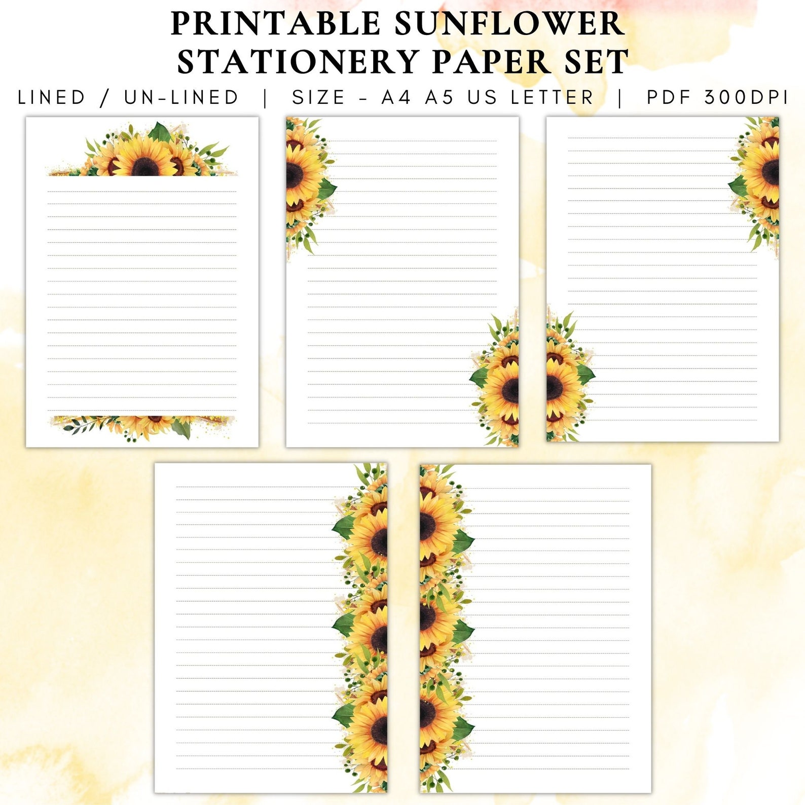 Printable Sunflower Stationery Paper Set,lined Blank Paper Pdf,download ...