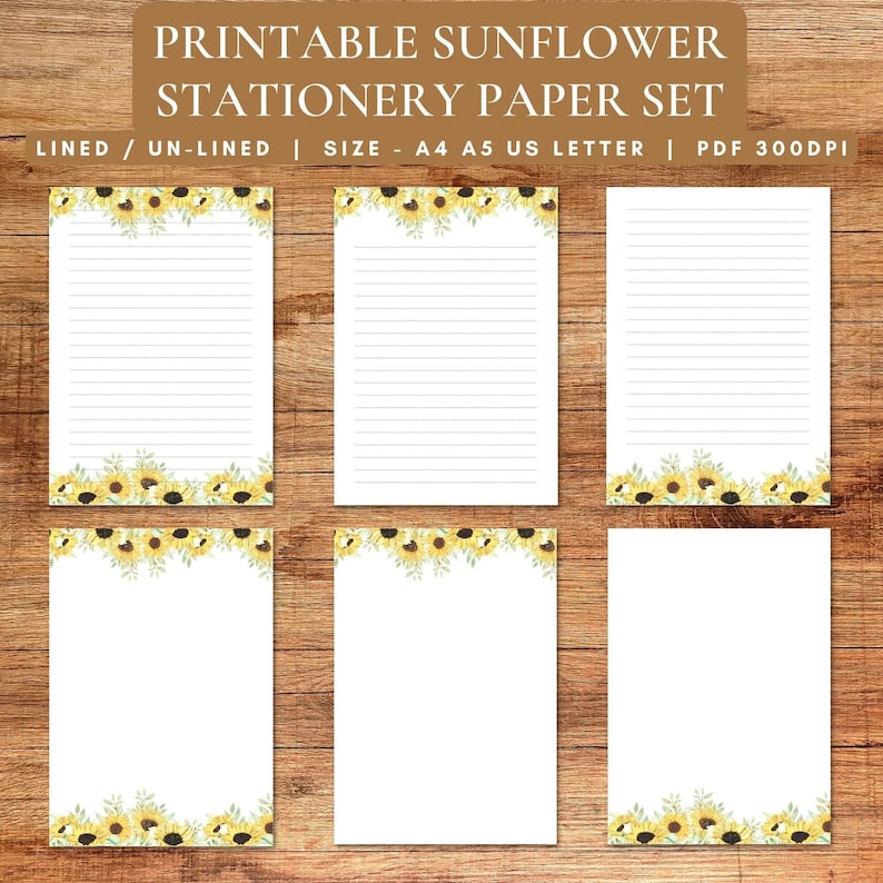 Printable Sunflower Stationery Paper Set,lined Blank Paper Pdf,download ...