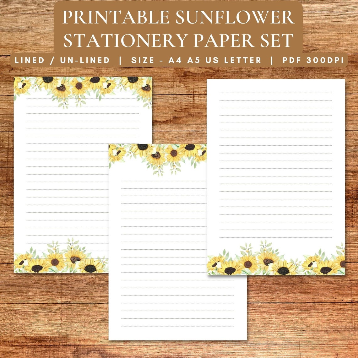 Printable Sunflower Stationery Paper Set,lined Blank Paper Pdf,download ...