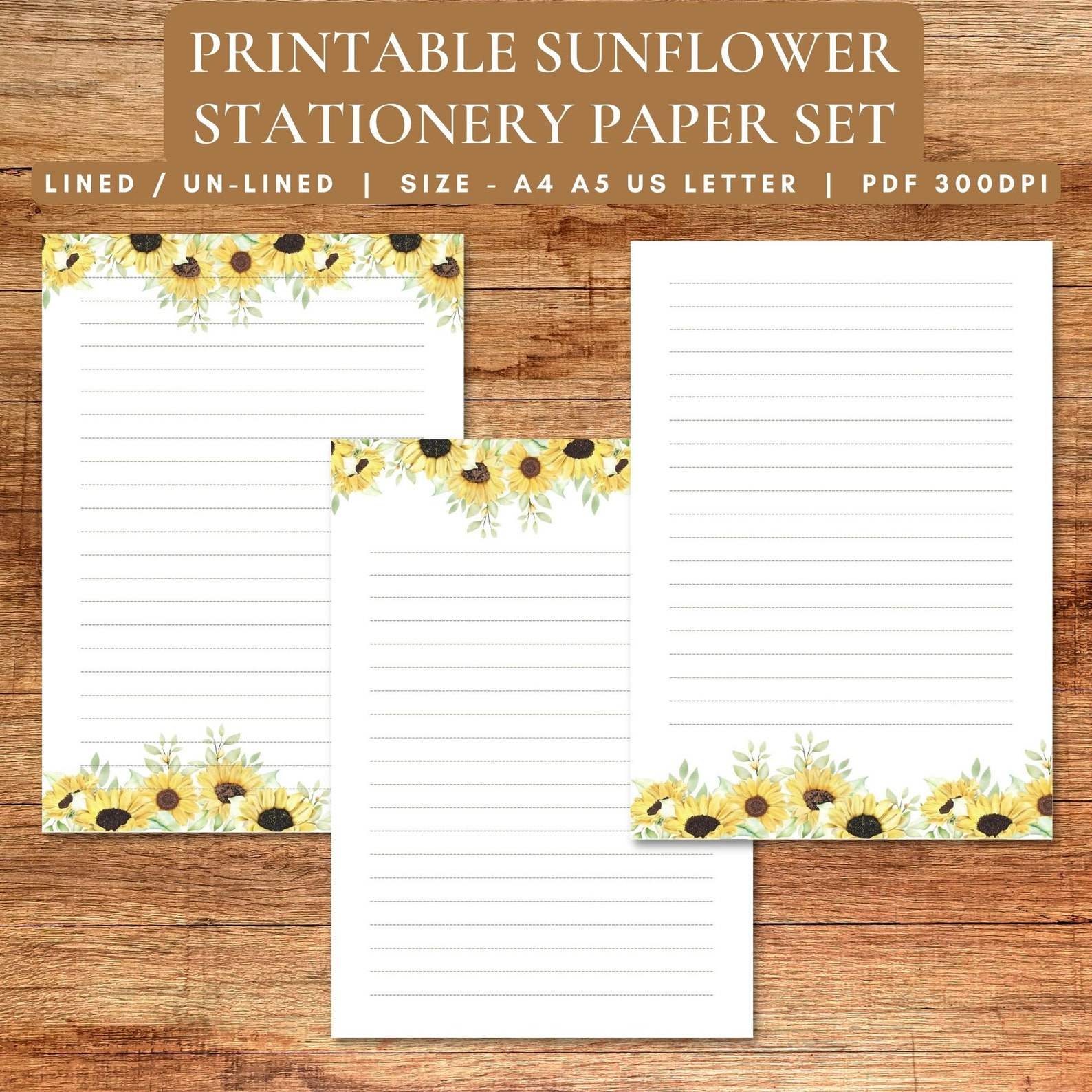 Printable Sunflower Stationery Paper Set,lined Blank Paper Pdf,download ...