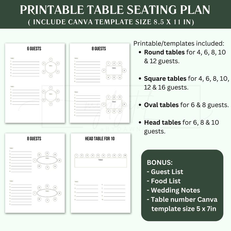 Printable Wedding Table Seating Chart Template, Event Table Seating ...