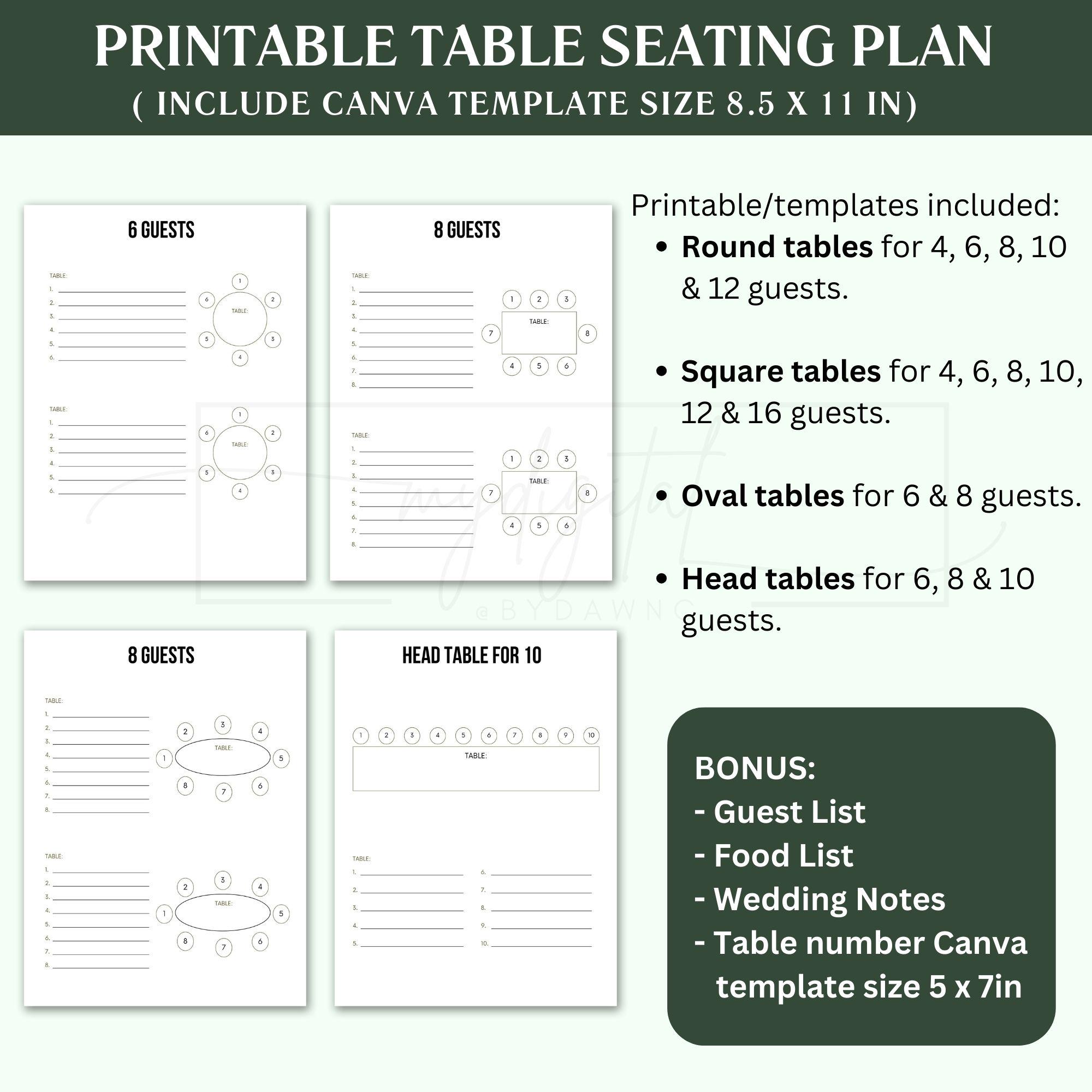 Printable Wedding Table Seating Chart Template, Event Table Seating ...