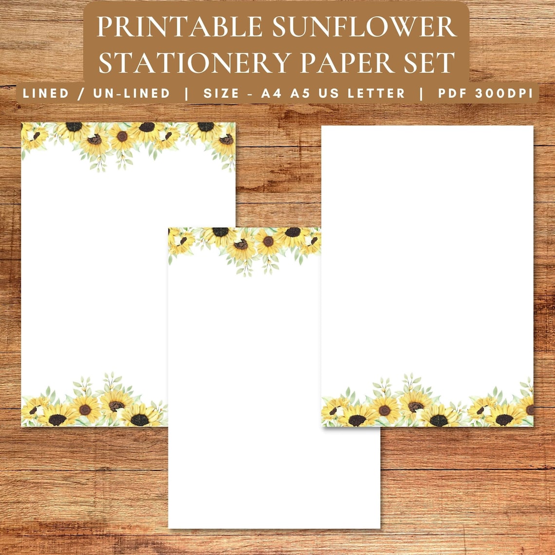 Printable Sunflower Stationery Paper Set,lined Blank Paper Pdf,download ...