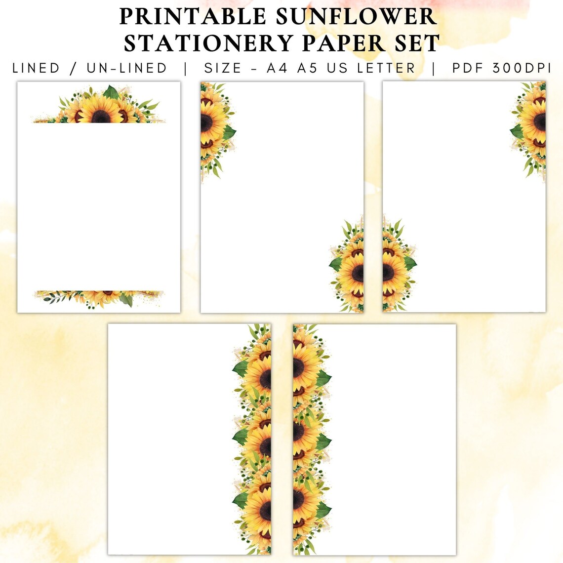 Printable Sunflower Stationery Paper Set,lined Blank Paper Pdf,download ...