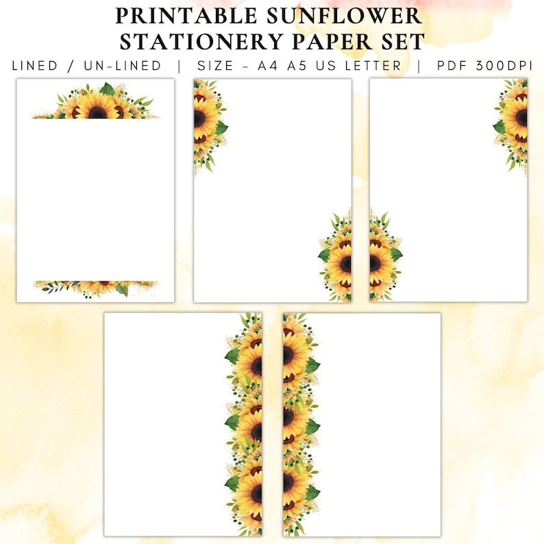 Printable Sunflower Stationery Paper Set,lined Blank Paper Pdf,download ...