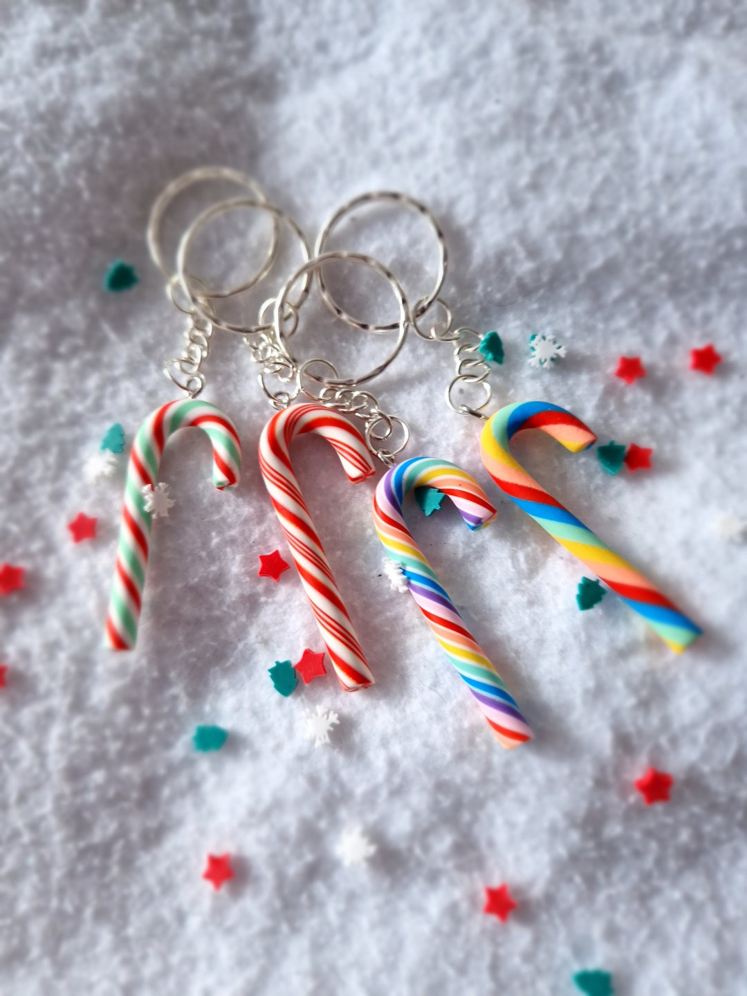 Festive Candy Cane Key Chain, Polymer Clay Christmas Charm - Etsy