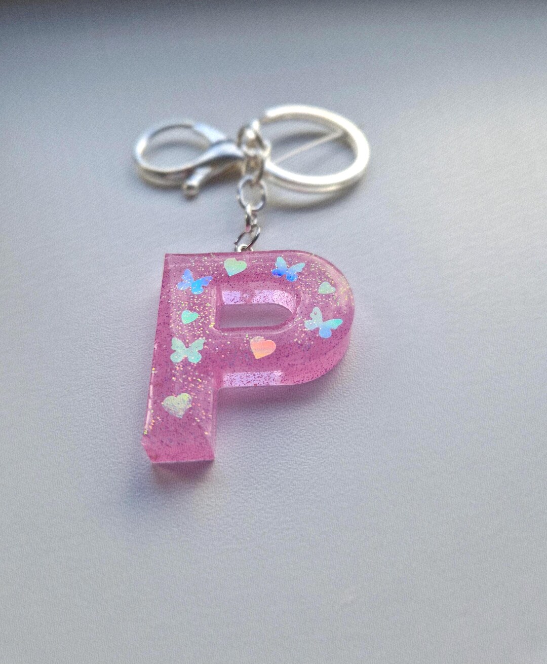 Personalized Pink Glitter Letter Keychain With Holographic Butterflies ...