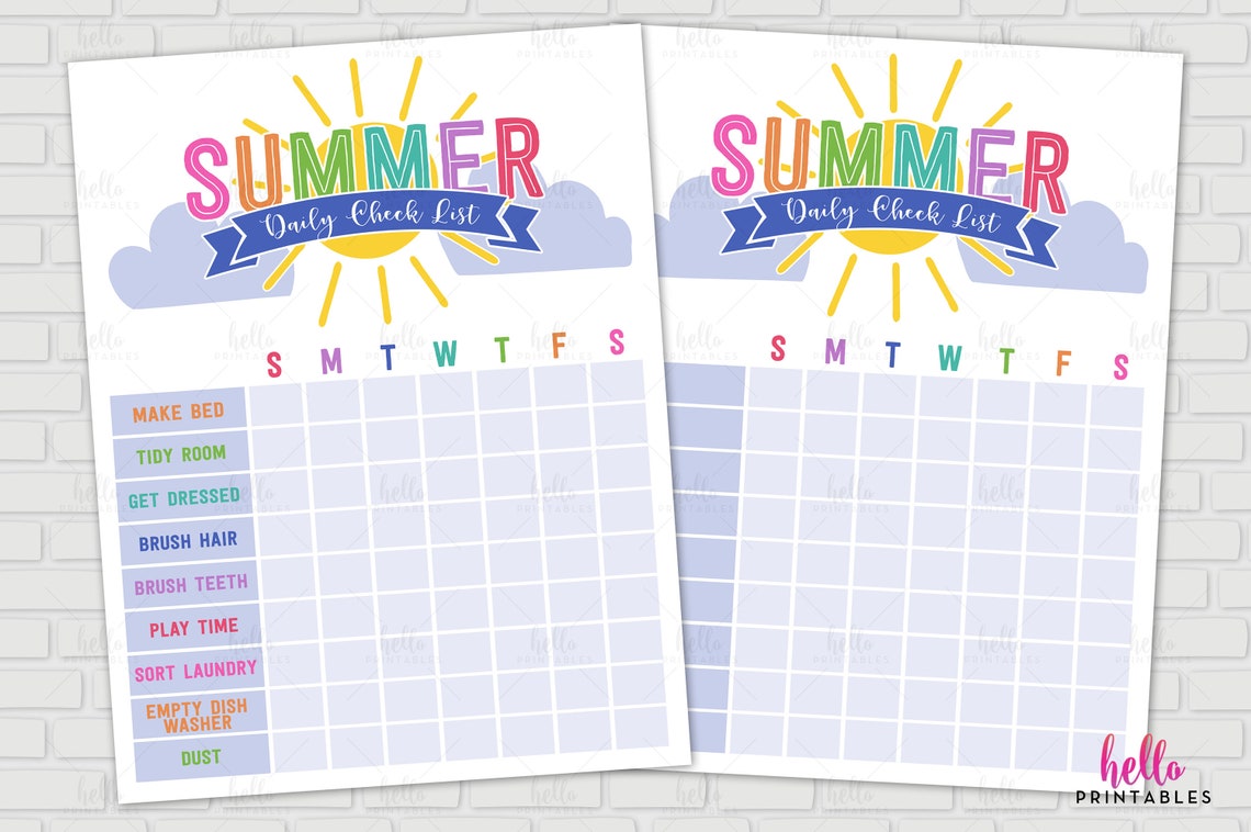 Summer Daily Check List // JPEG, PDF // Instant Download, Chore Chart ...