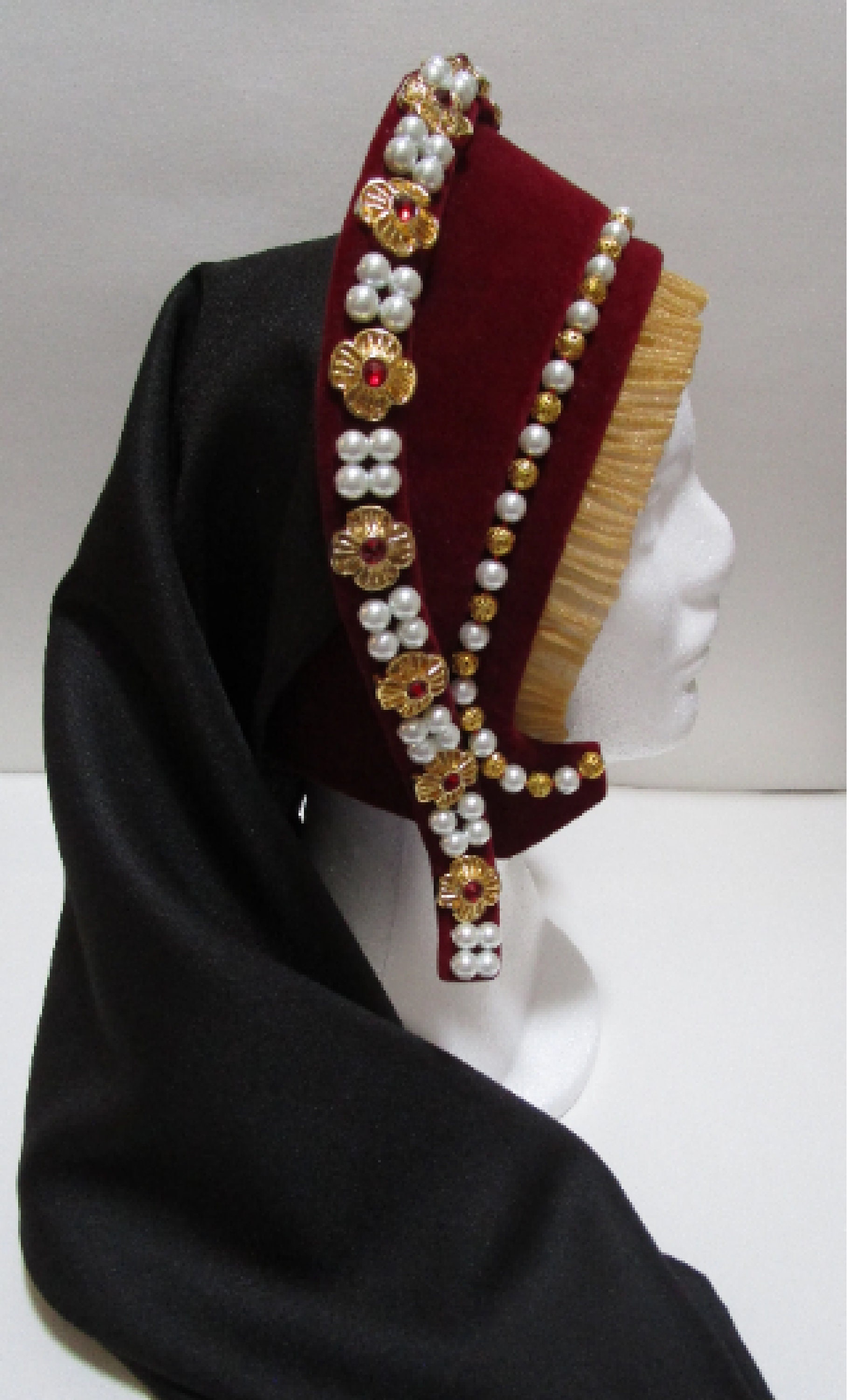 Tudor French Hood ~ (catherine Parr) ~ Red Velveteen With Gold and ...