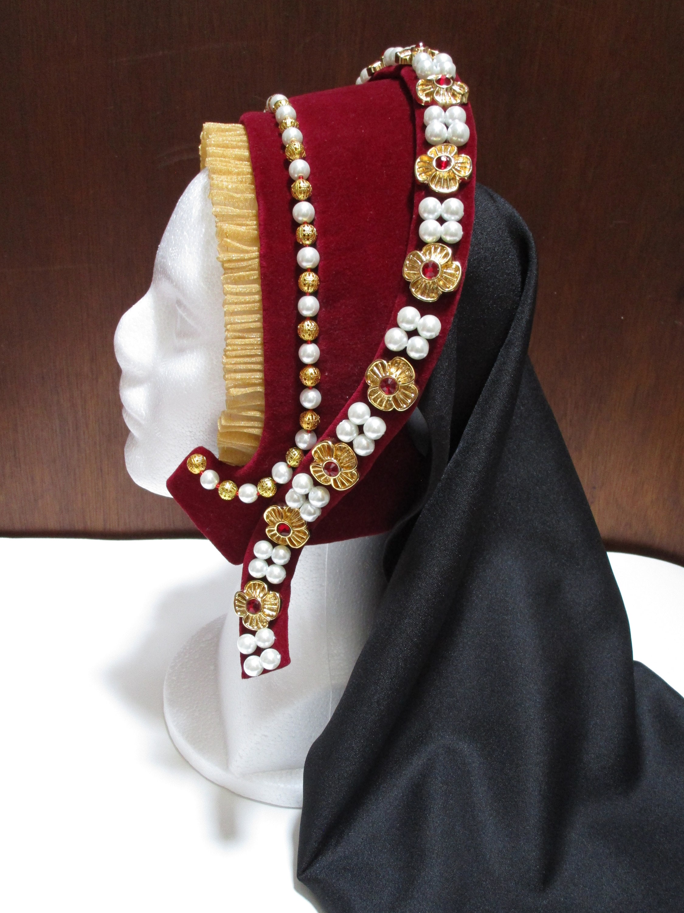 Tudor French Hood ~ (catherine Parr) ~ Red Velveteen With Gold and ...