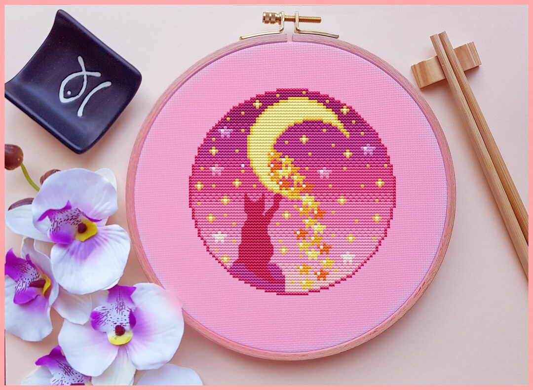 Starfall Cross Stitch Pattern, Cat Cross Stitch, Moon Cross Stitch ...
