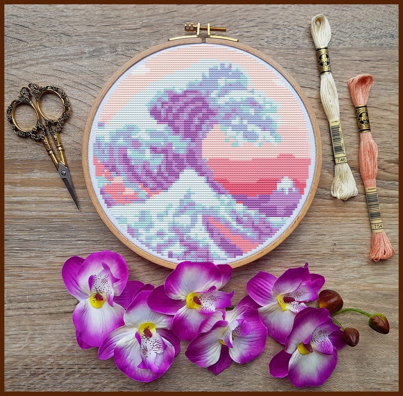 Great Wave Cross Stitch Pattern Pastel Cross Stitch Kawaii | Etsy