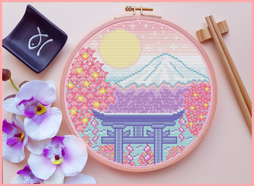 Mt. Fuji Cross Stitch Pattern, Japan Cross Stitch, Pastell Cross Stitch ...