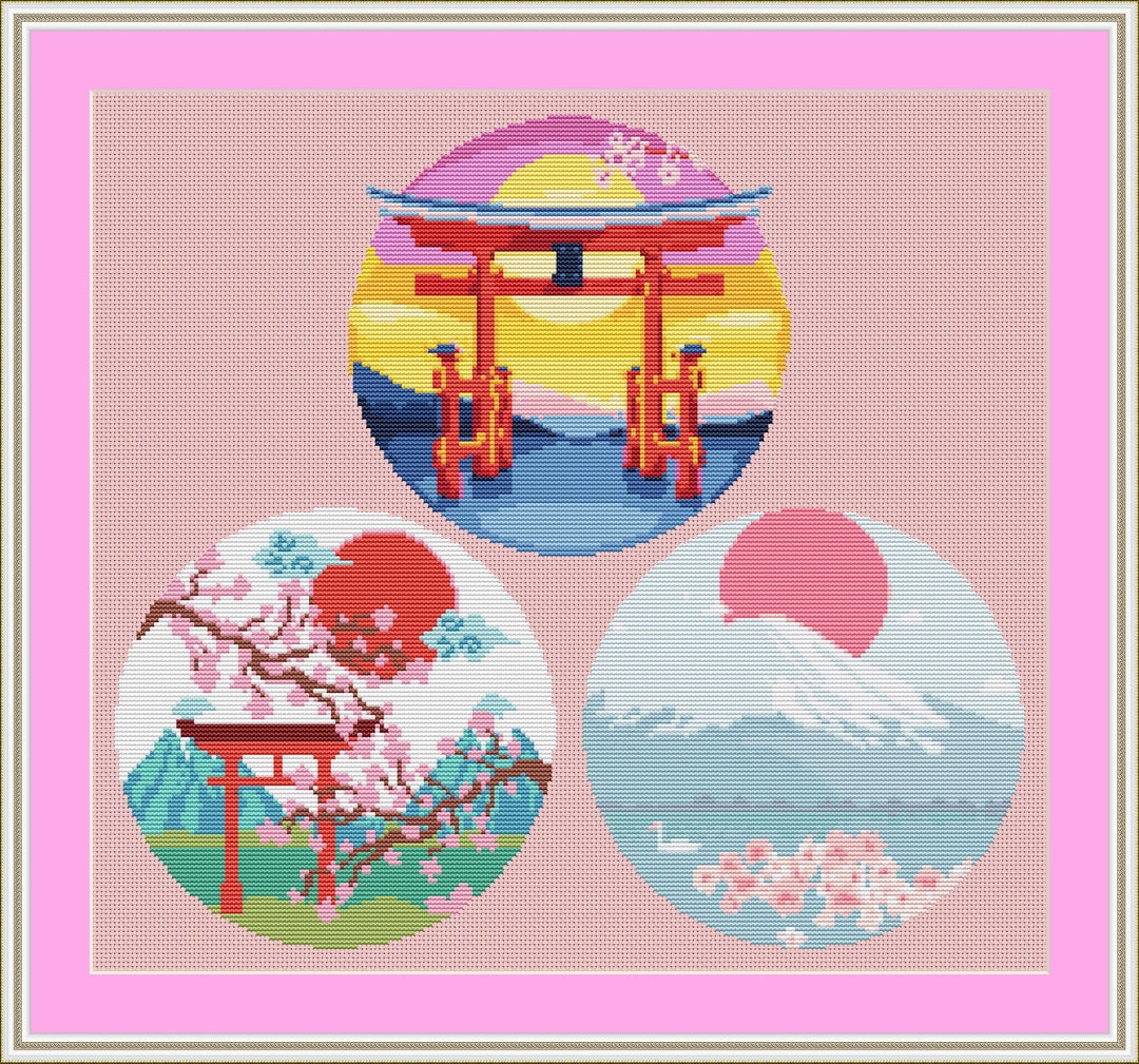 Japan Cross Stitch Pattern Set, Landscape Cross Stitch, Pastel Cross ...