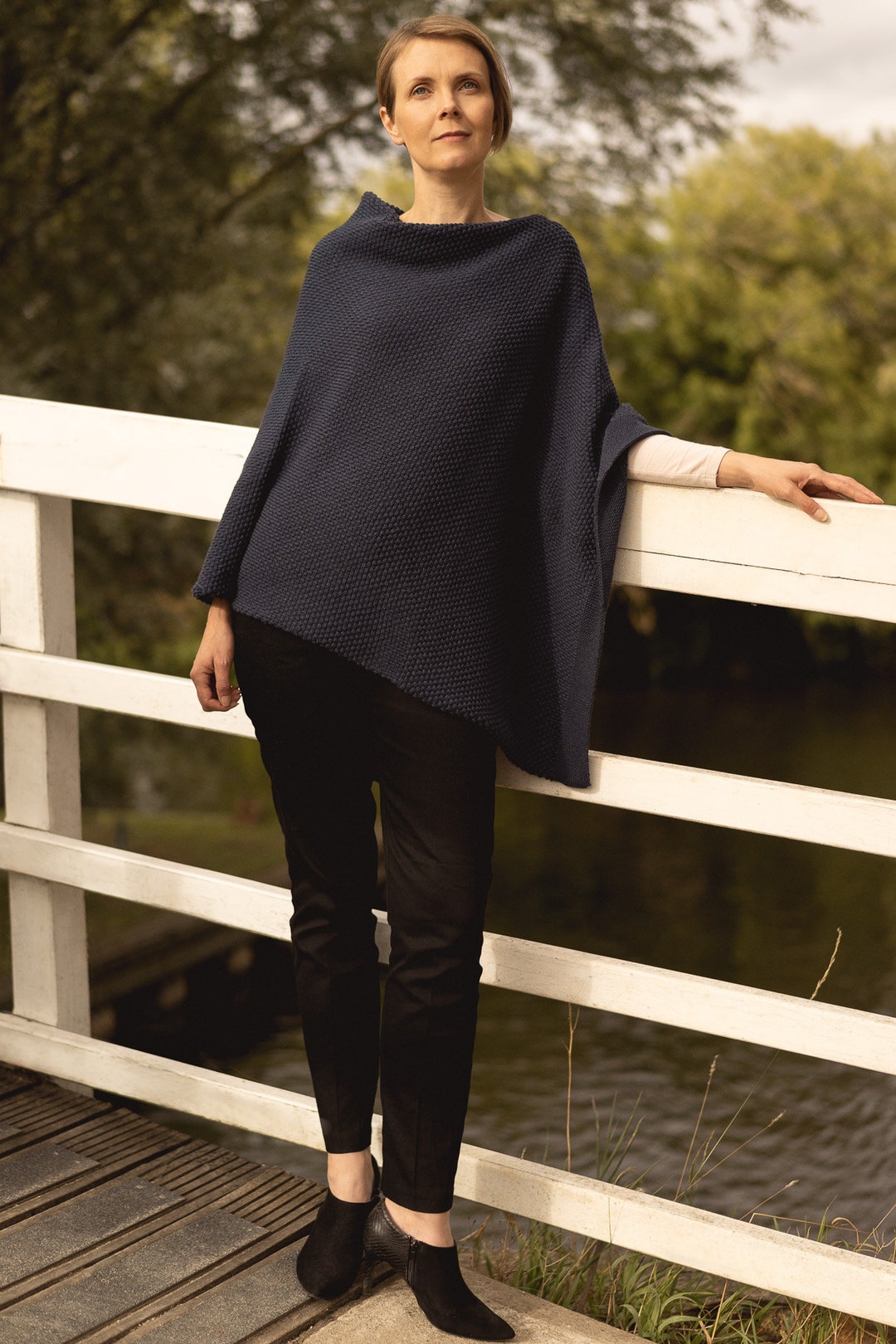 Navy Cotton and Acrylic Poncho, Ladies Assymmetric Poncho, Navy Poncho ...
