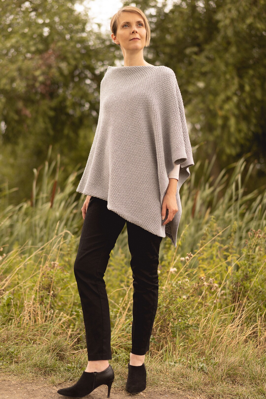 Grey Ladies Poncho, Ladies Assymmetric Poncho, Grey Poncho, Patterned ...