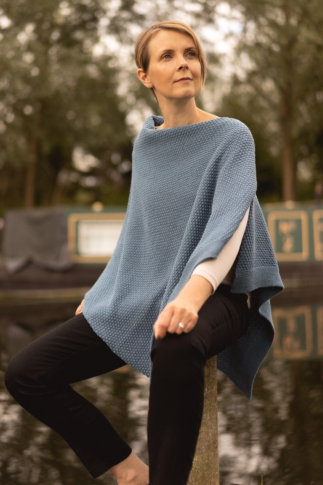 Blue Cotton and Acrylic Poncho, Ladies Assymmetric Poncho, Blue Poncho ...