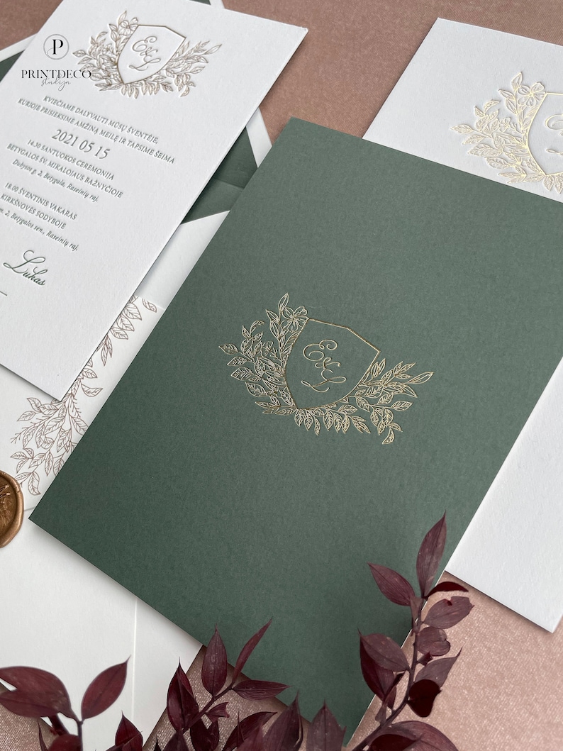 Letterpress Invitation With Gold Foil Monogram Vintage Design - Etsy