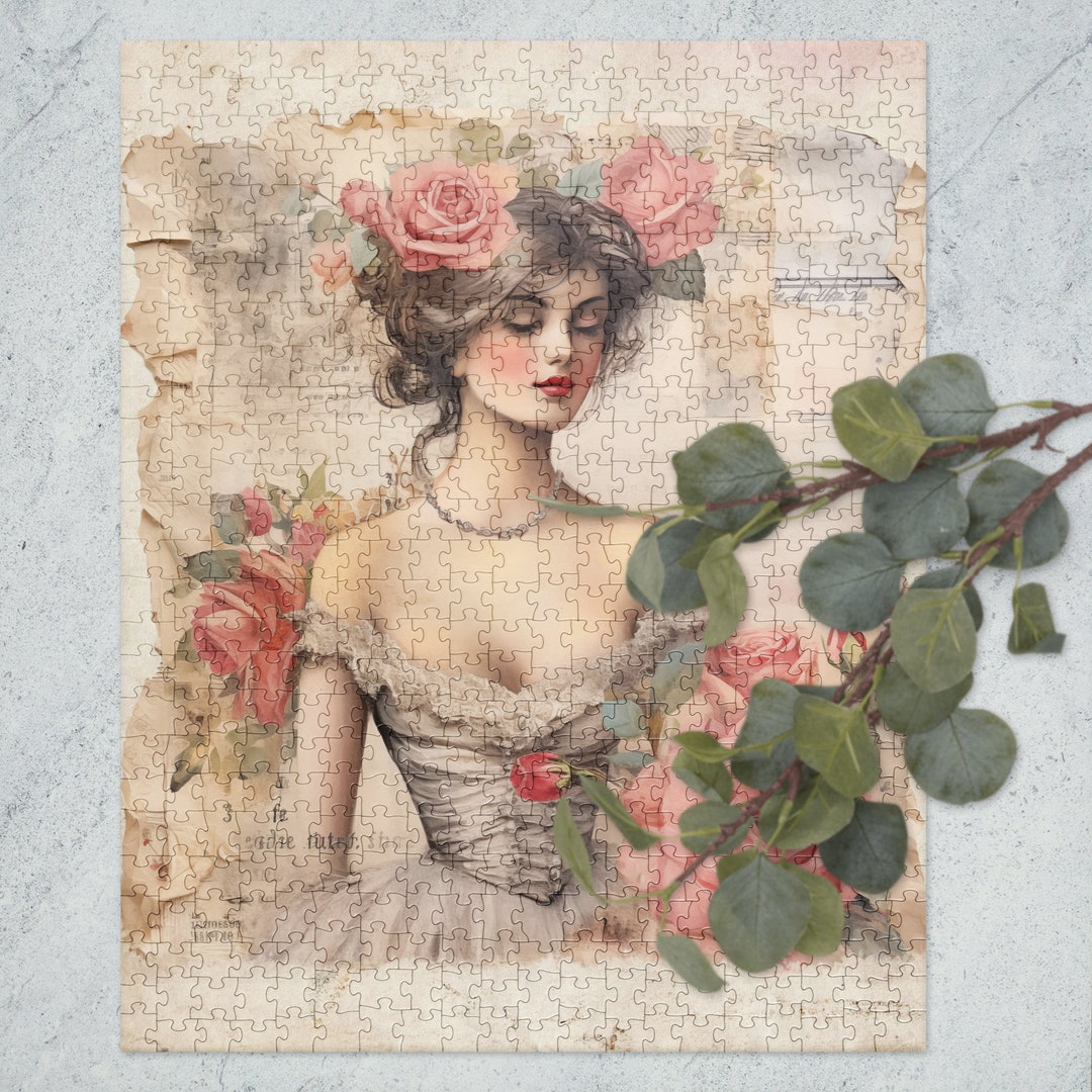 A Victorian Lady Adorned With Romantic Roses in Mixed Media Jigsaw ...