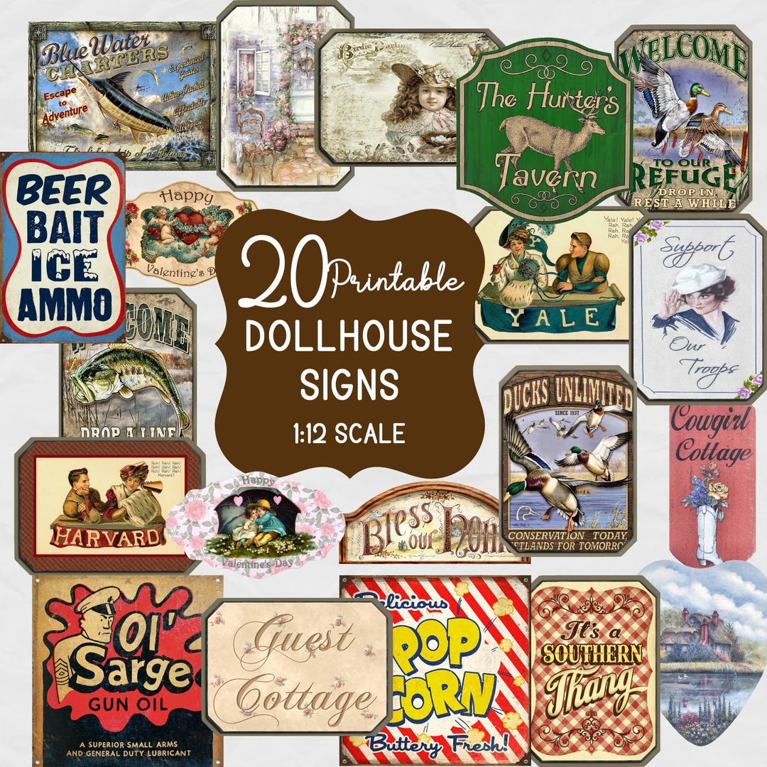 20 Dollhouse Wall Signs Printable Set of 20 for 1:12 Scale, Hunting ...